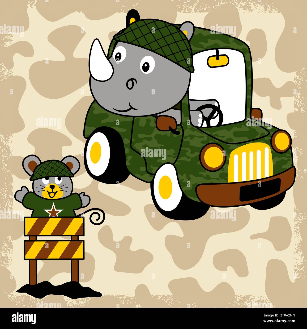 vector cartoon of rhinoceros driving military vehicle with a little ...