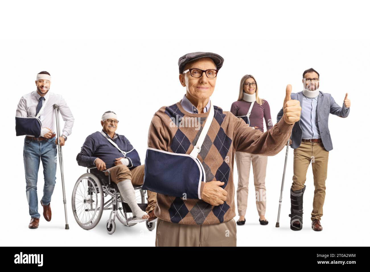 Group of injured people standing behind a senior man with a broken arm ...