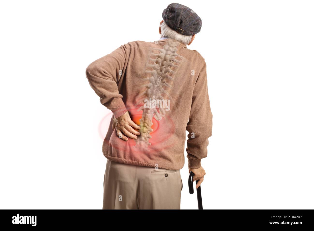 Rear view shot of an elderly man with a back pain and red inflammation ...