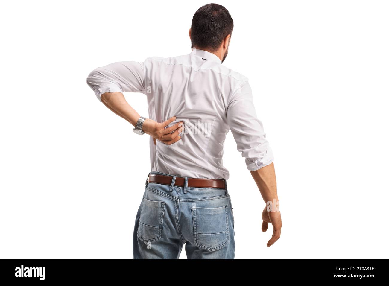 Rear view shot of a man holding his stiff back isolated on white ...
