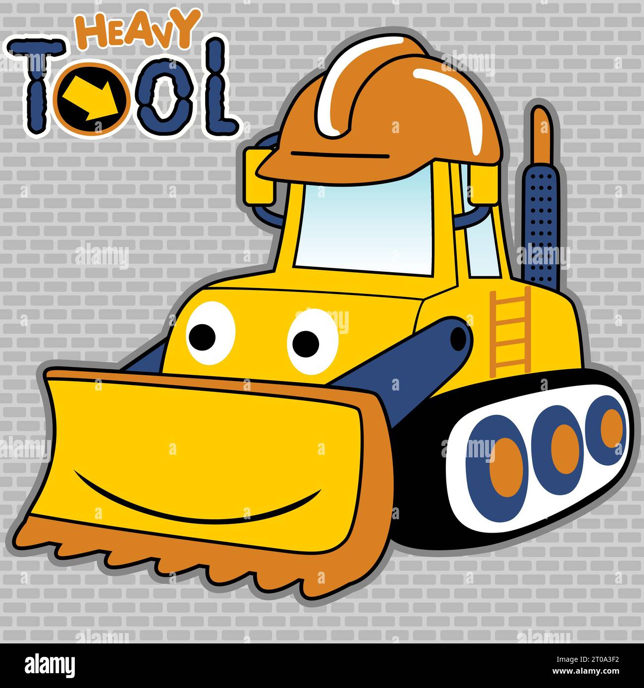 vector cartoon of funny bulldozer wearing helmet worker on bricks ...