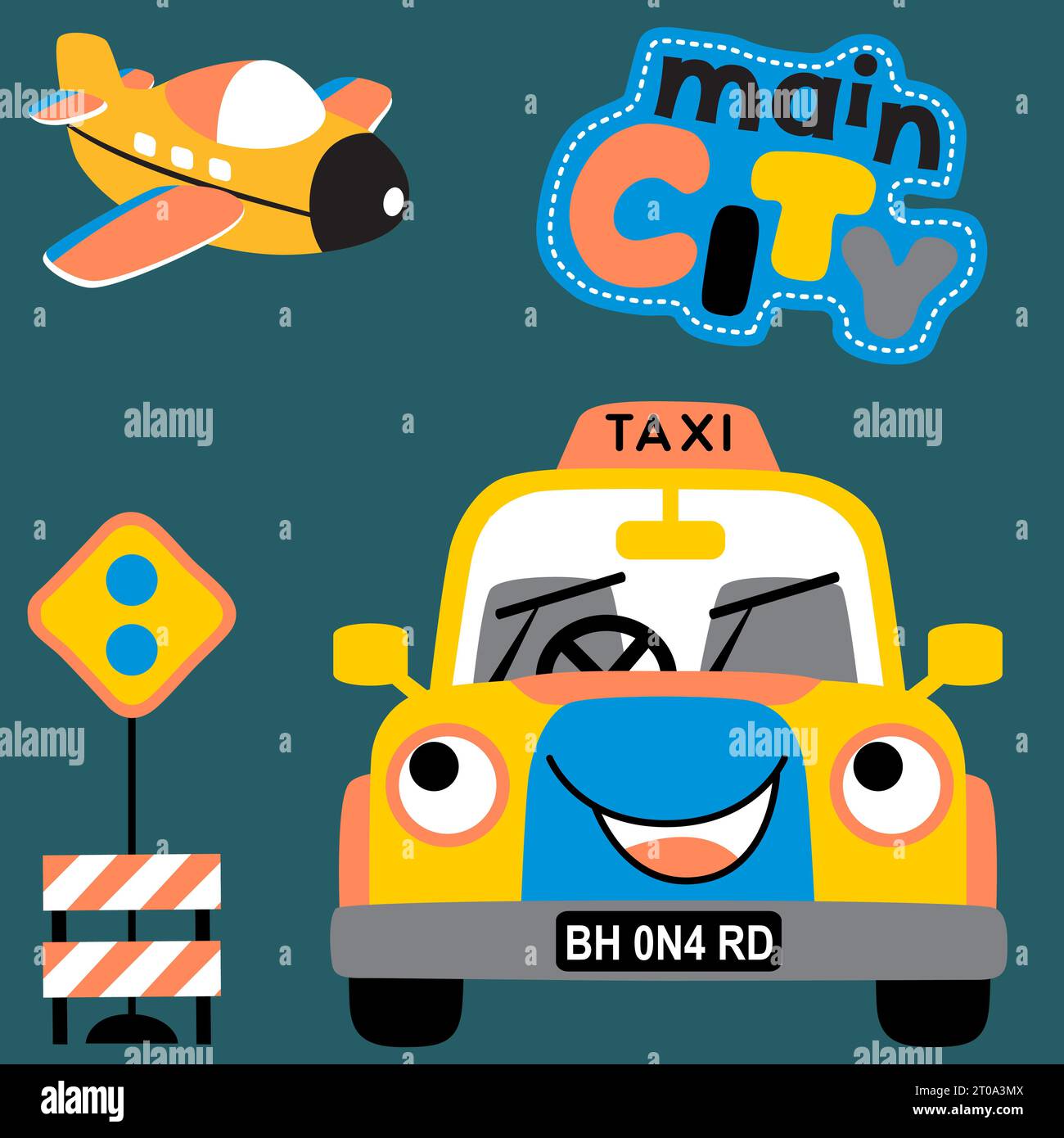 urban transportation, plane and funny taxi with road sign, vector ...