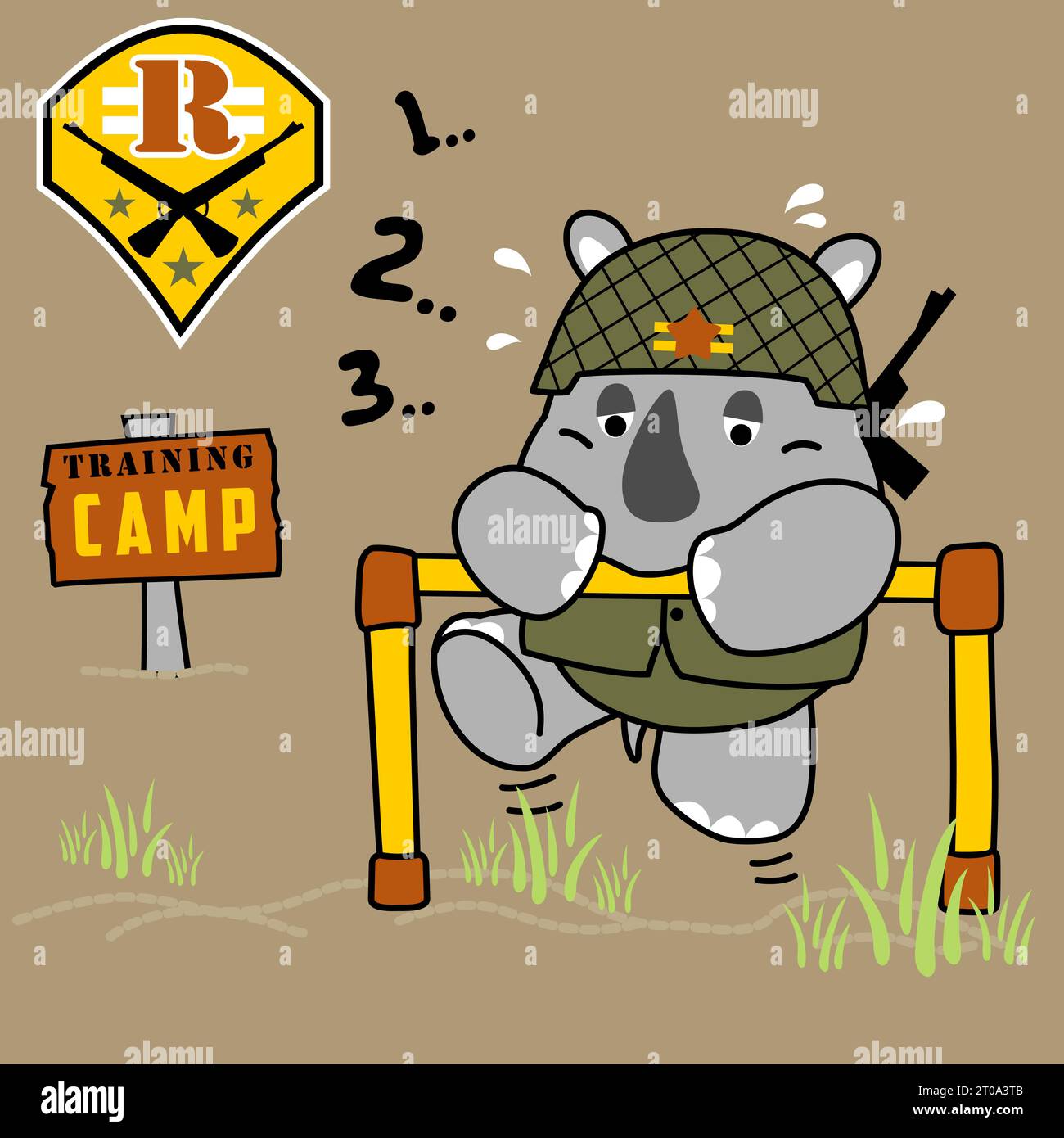 Cute rhinoceros in military training camp, vector cartoon illustration ...