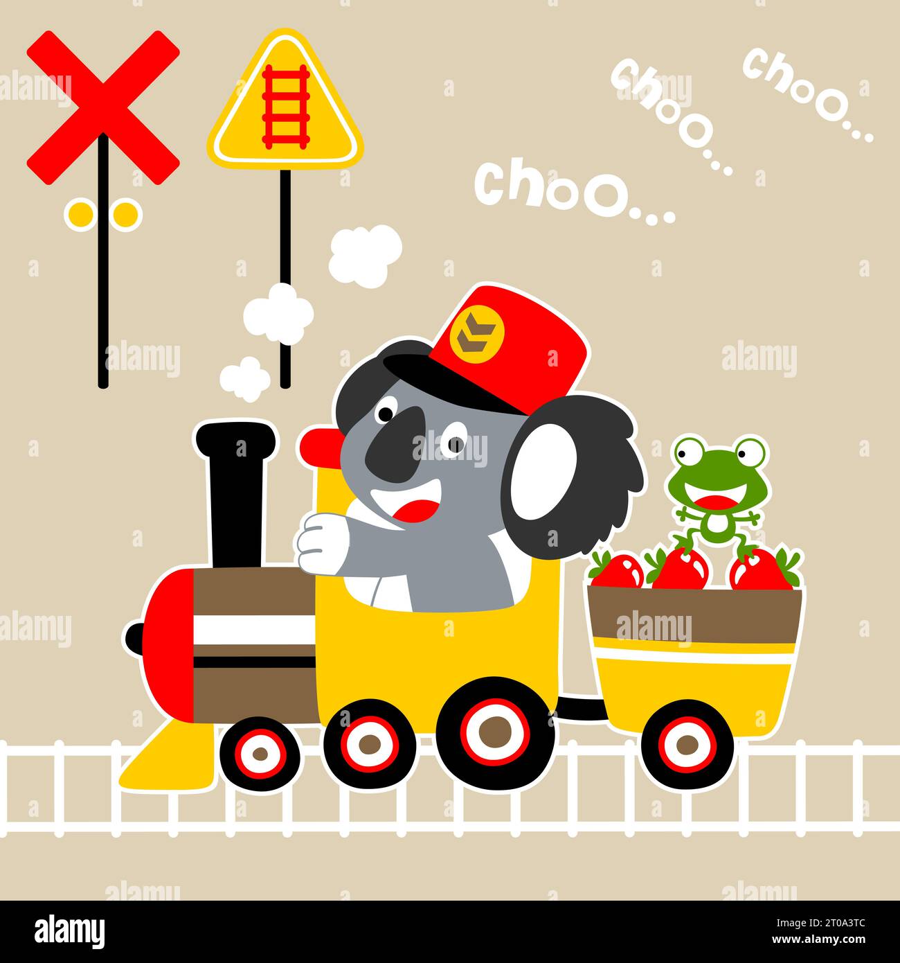 Funny koala and frog on steam train loading fruits, locomotive element ...
