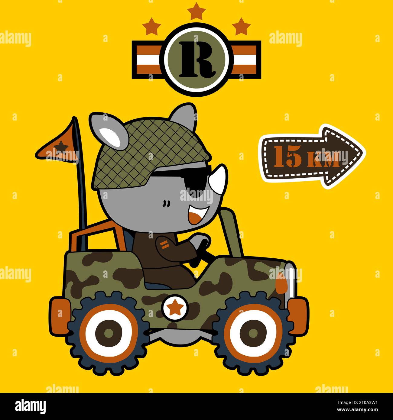 Funny rhinoceros in army uniform driving military car, vector cartoon ...
