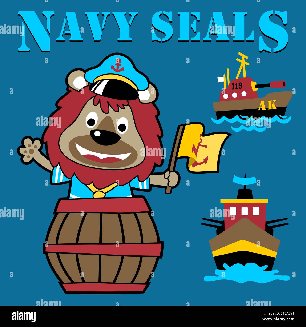 cute lion in sailor uniform on wooden barrel with warship, vector ...