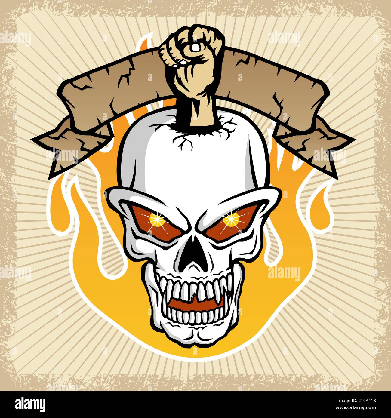 vector illustration of skull and fist with flame on grunge frame border ...