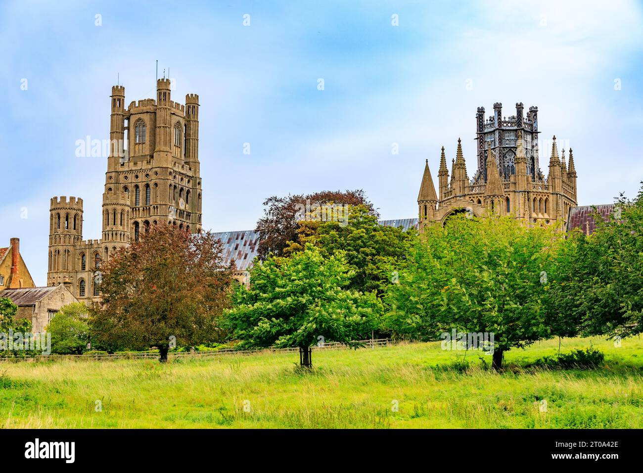 The south side of Ely Cathedral showing main tower and two round towers ...
