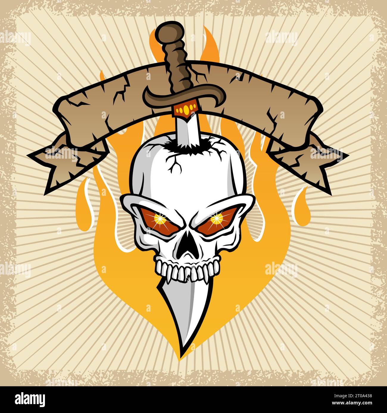 vector illustration of sword pierces the skull with ribbon and flame in ...