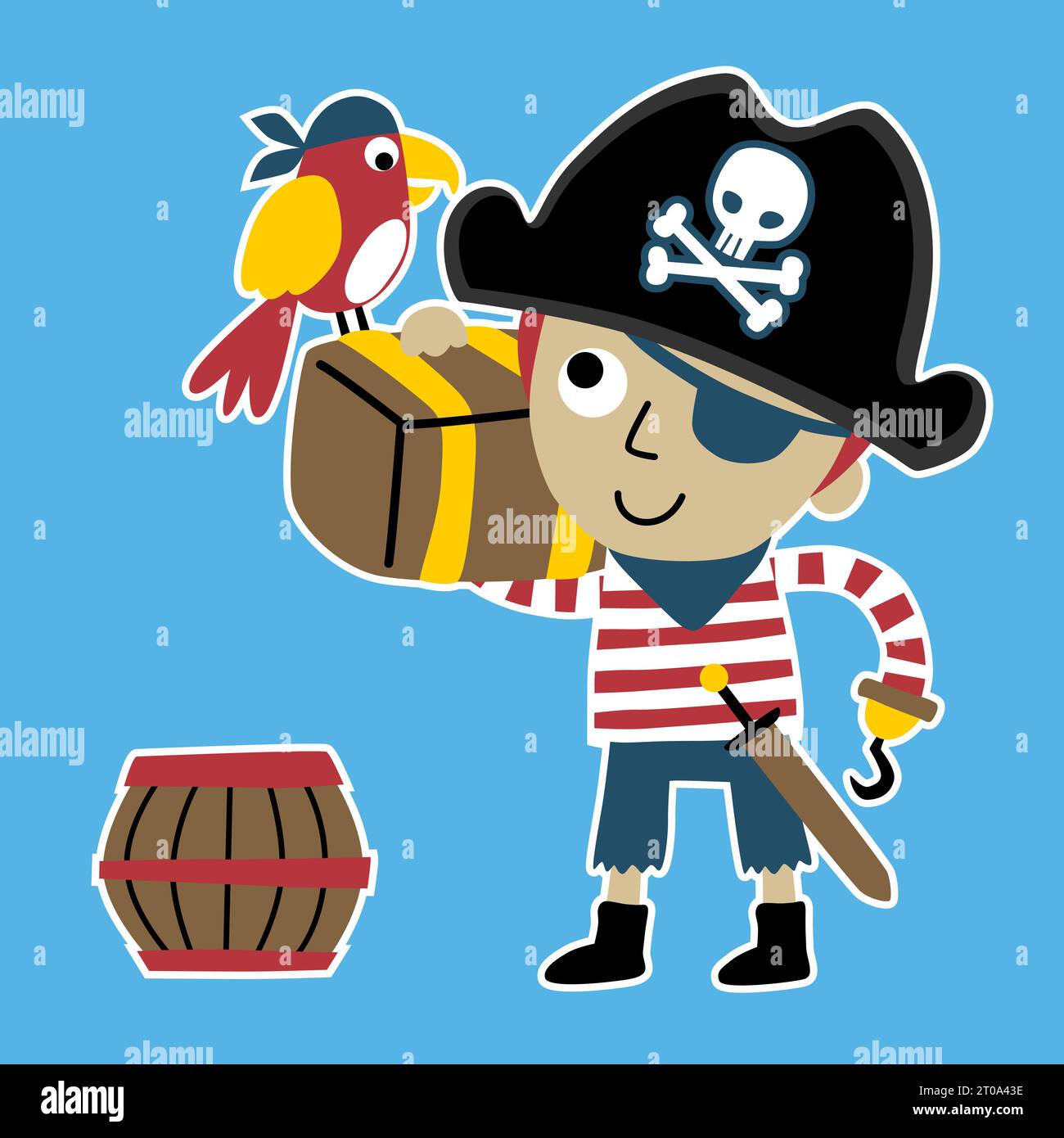 Young boy in pirate costume carrying treasure chest with parrot and ...