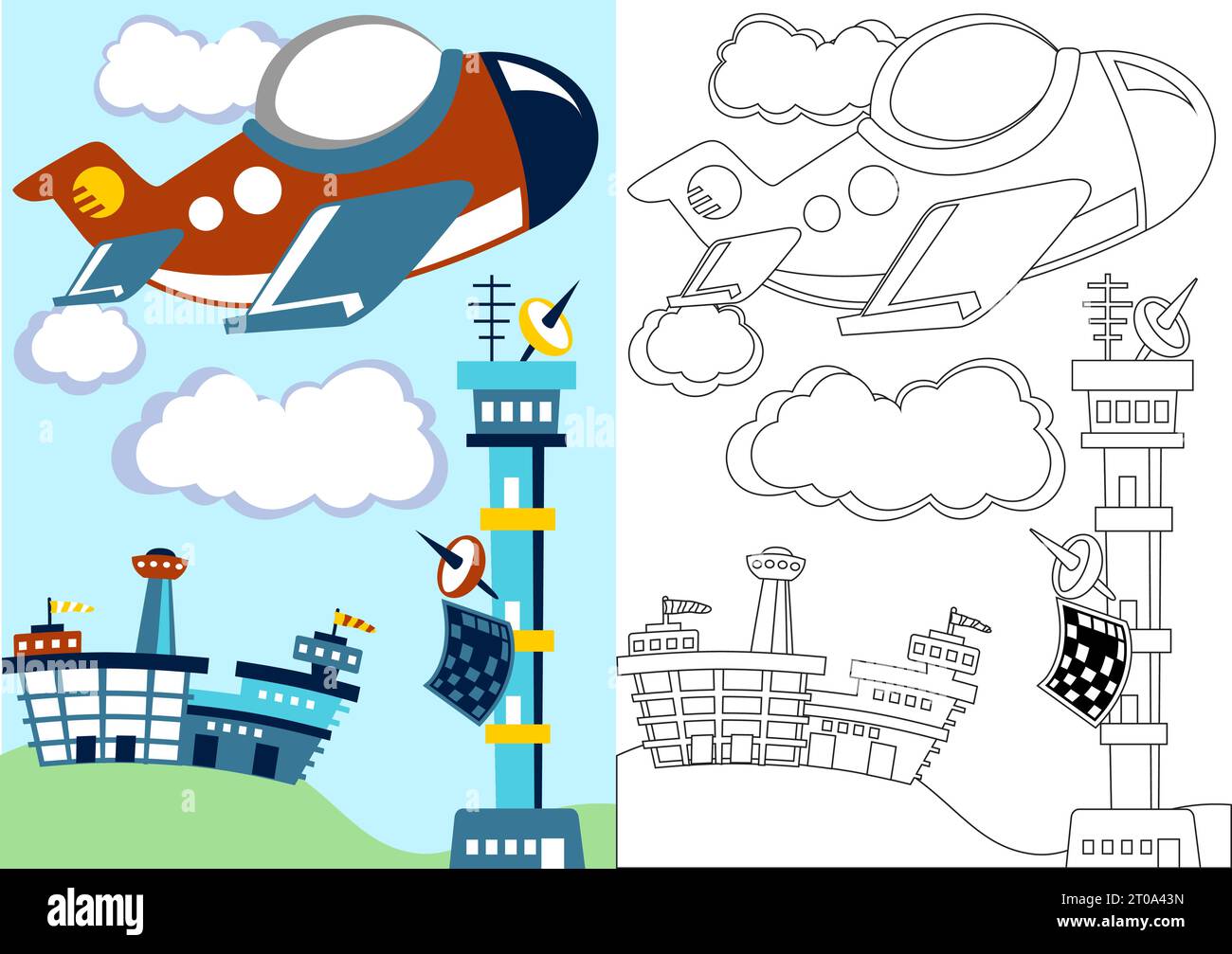 vector cartoon of airplane flying across airport, coloring page or book ...