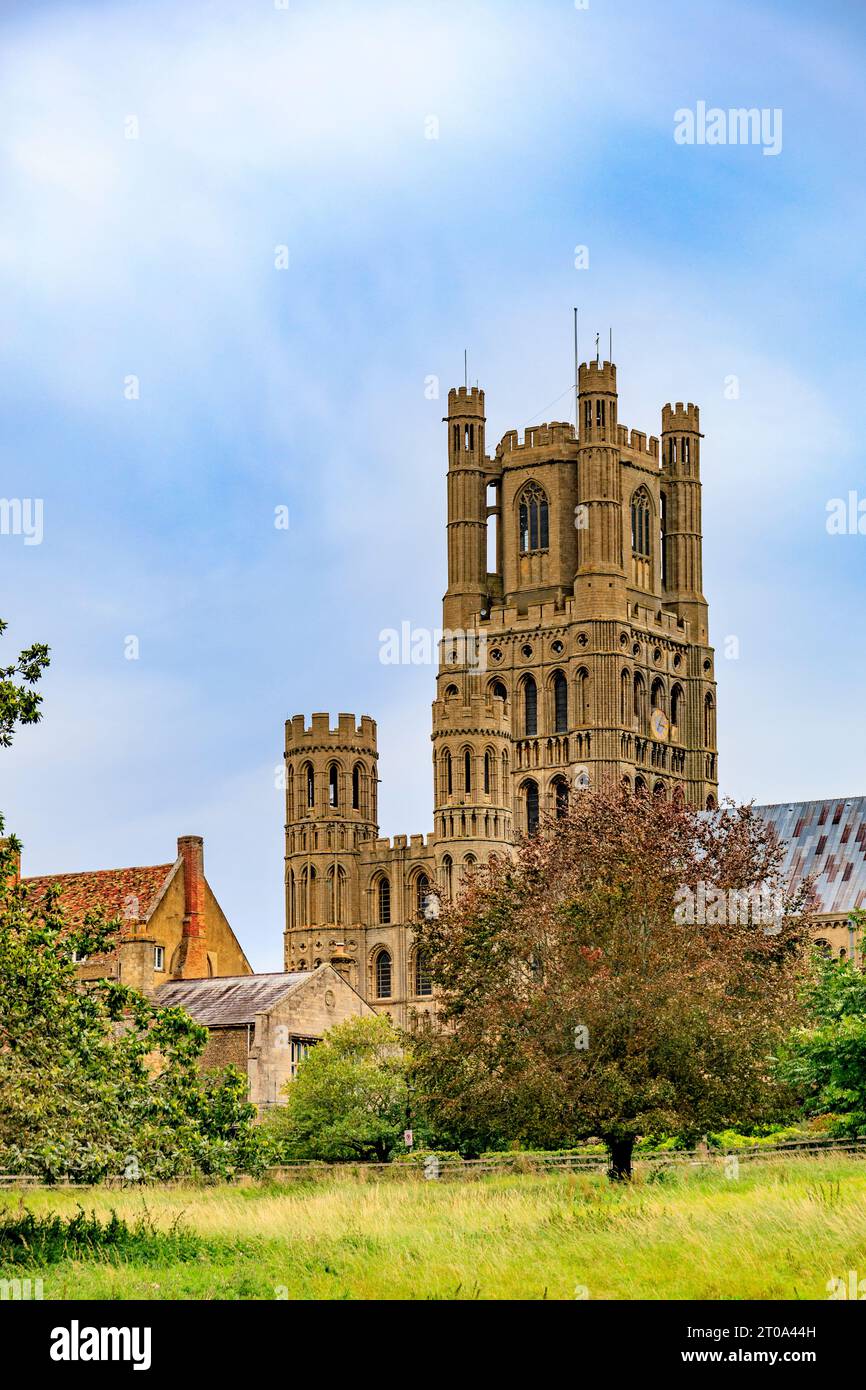The south side of Ely Cathedral showing main tower and two round towers ...