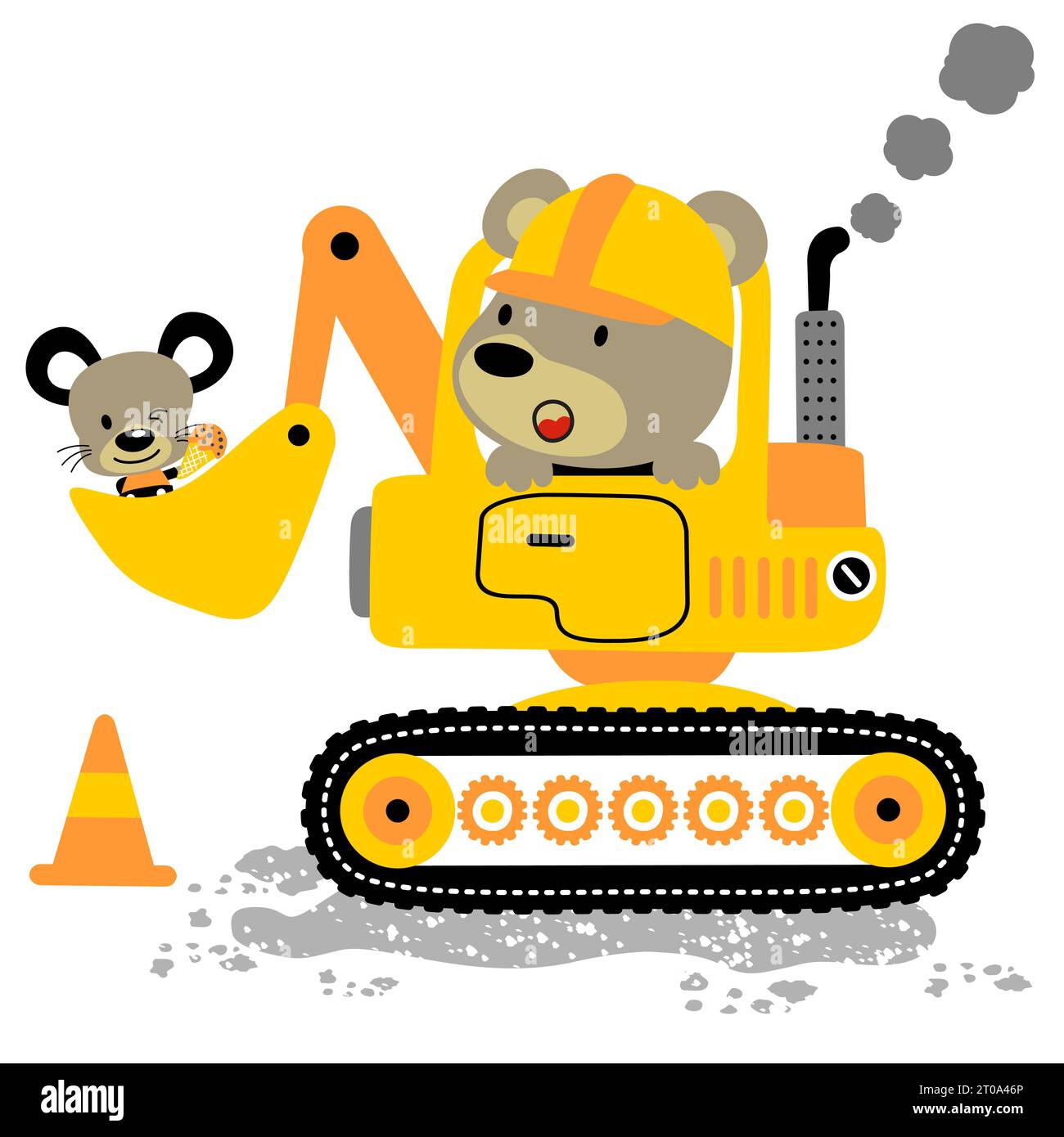 Cute bear with little mouse on construction vehicle, vector cartoon ...