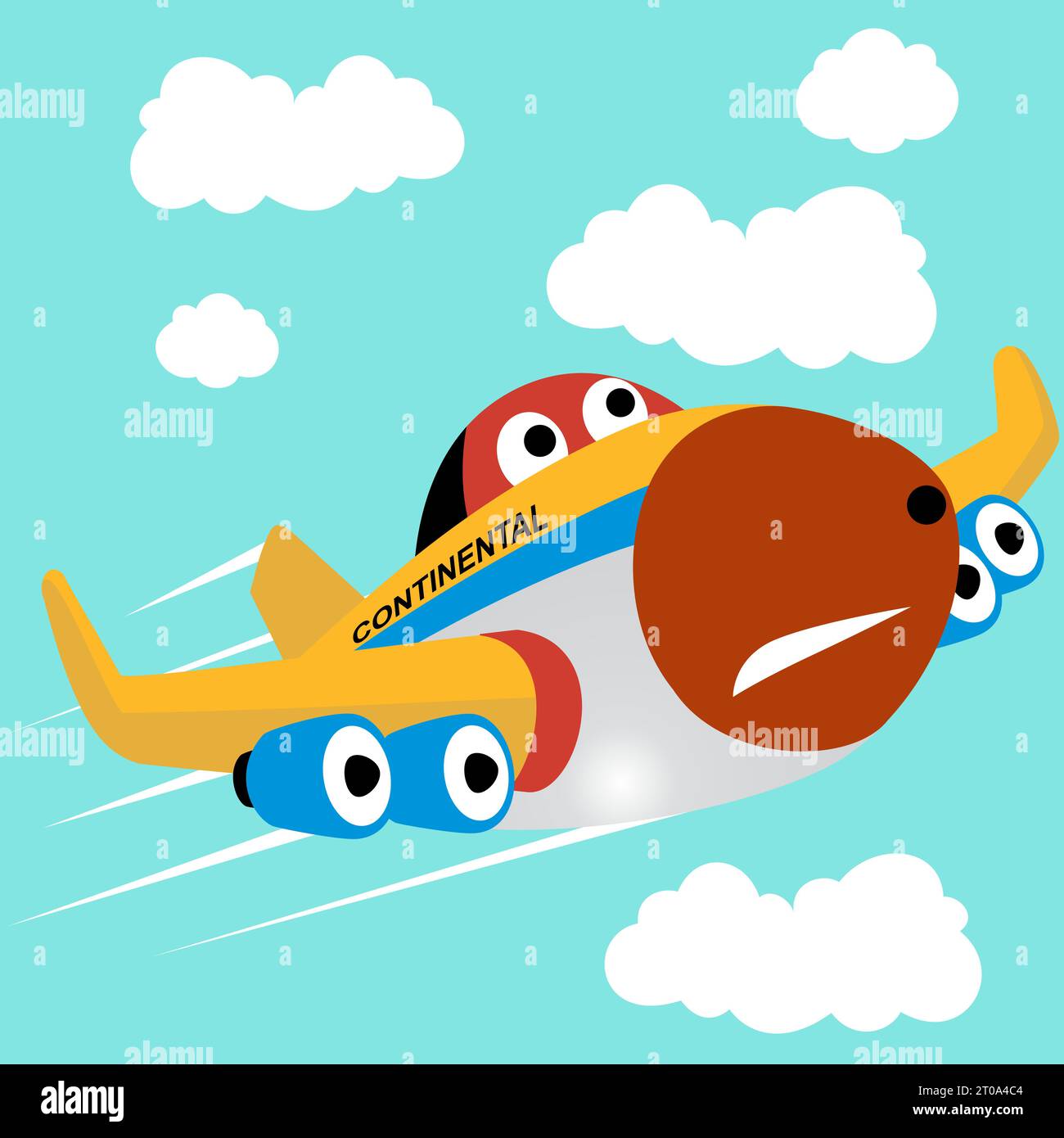 Funny airplane in the sky with clouds, vector cartoon illustration ...