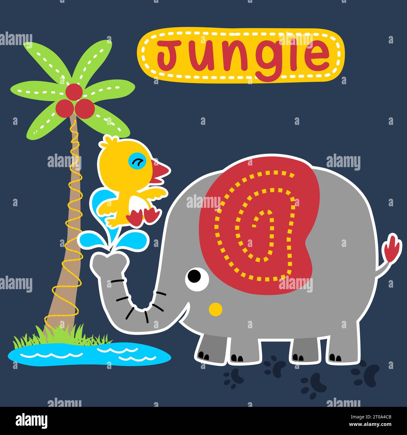 Funny elephant with duck playing water in jungle, vector cartoon ...