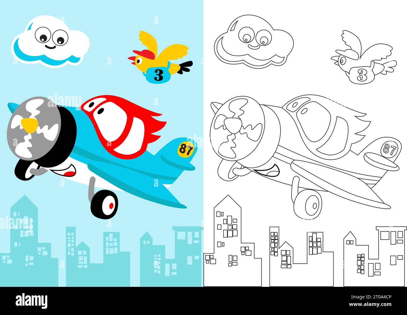 vector cartoon of funny airplane with bird and clouds on buildings ...