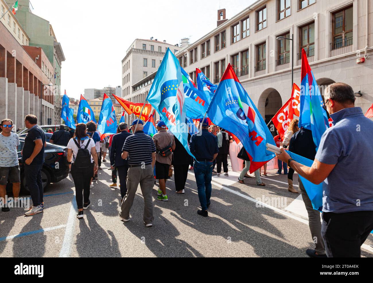 Trieste, Italy - September 03, 2022: Protesters with flags from the ...