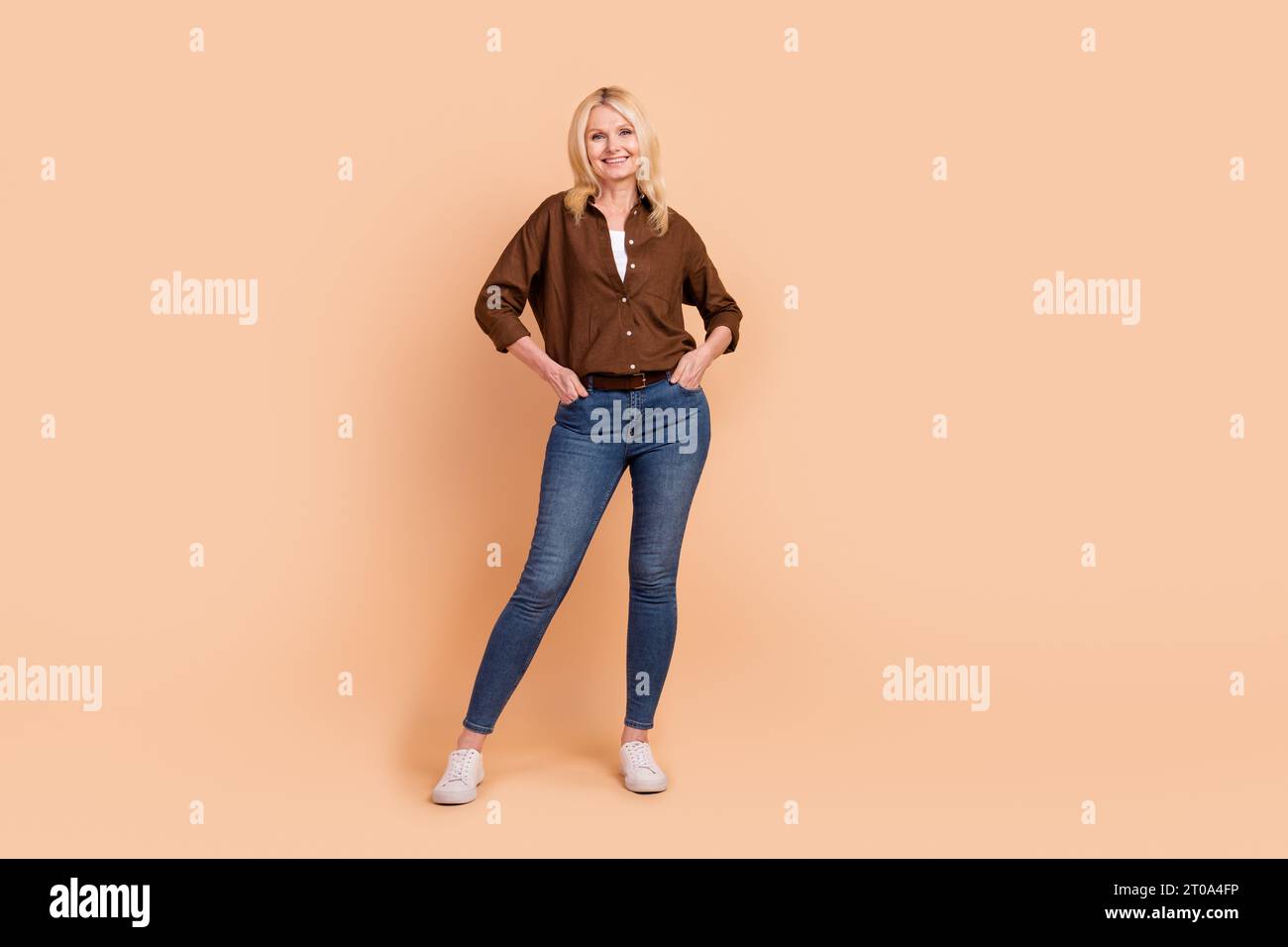 Full body photo of charming attractive senior age woman advertising ...