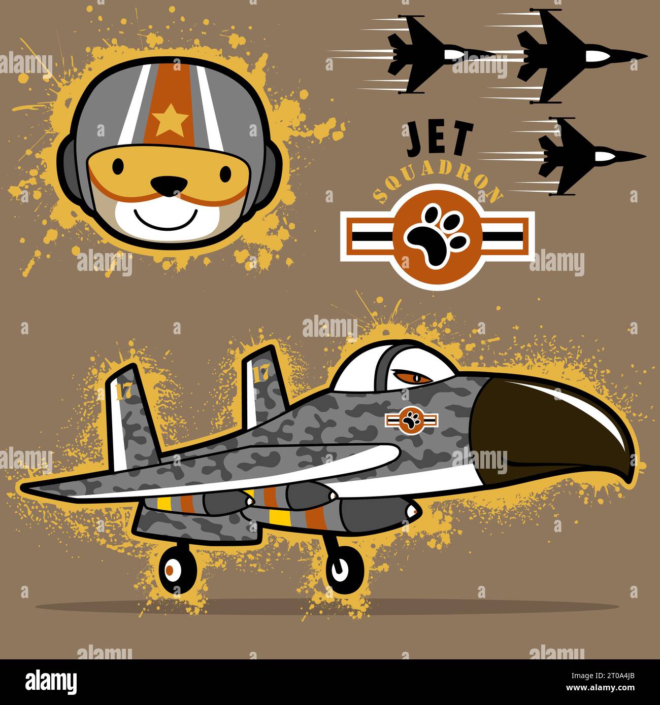 Cute bear wearing pilot helmet with fighter jet, vector cartoon ...