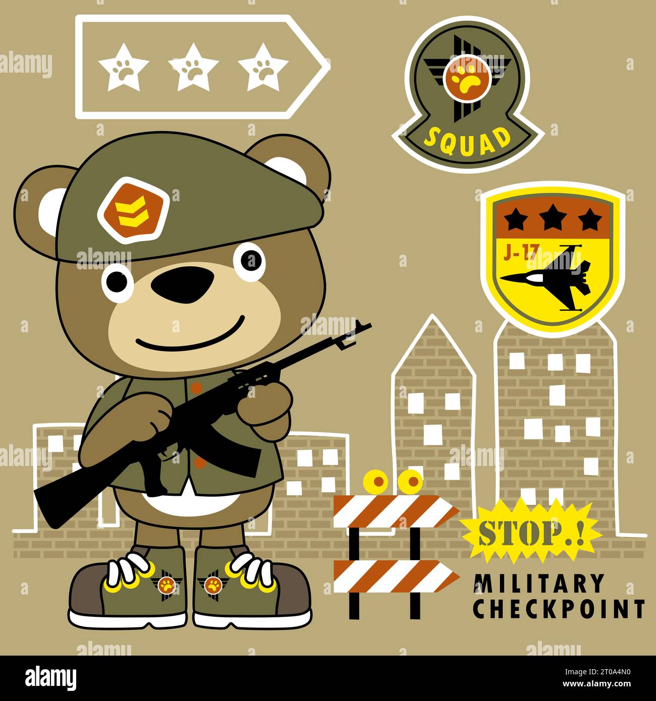 Cute bear in soldier costume holding weapon with military logo on ...