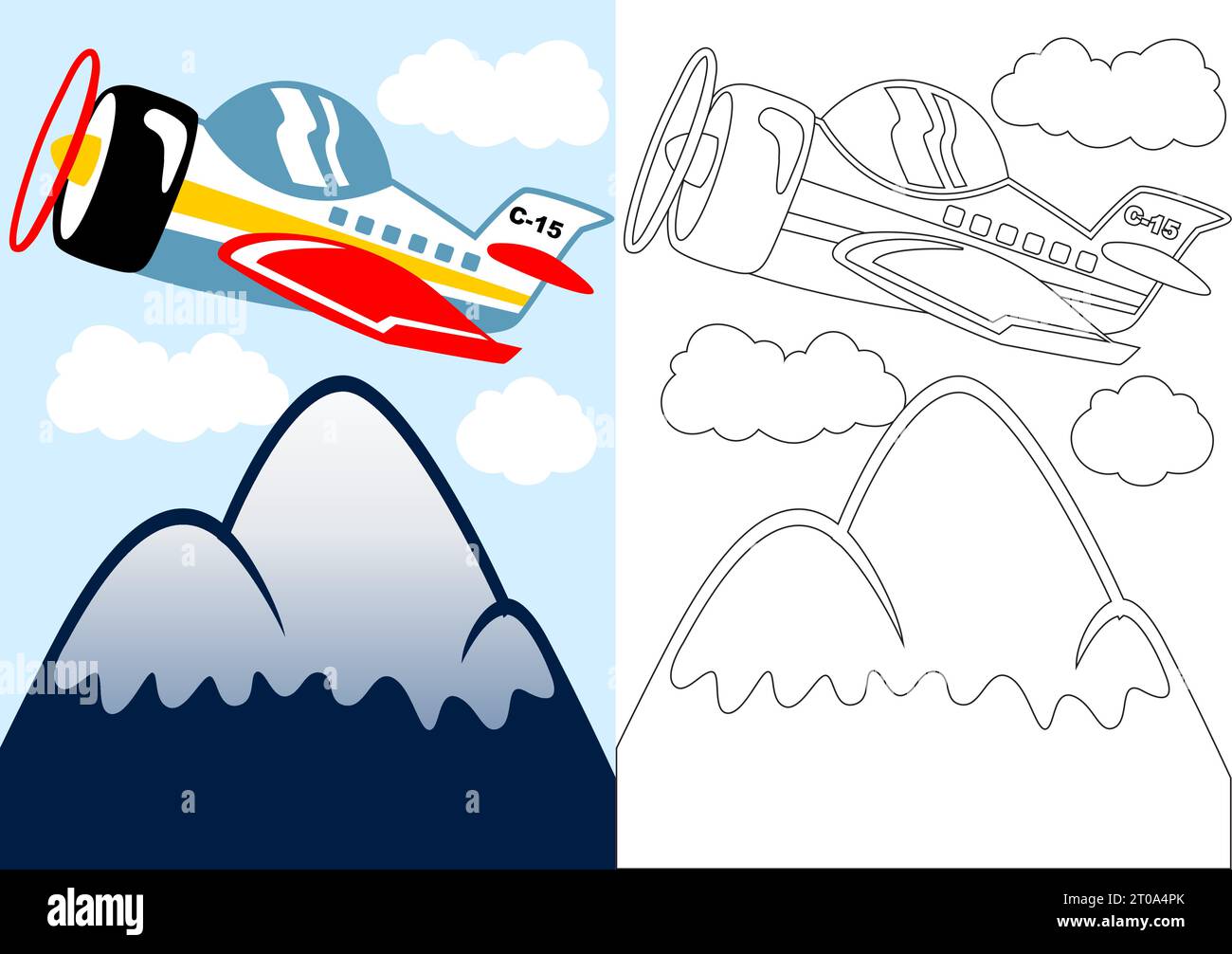 vector cartoon of airplane flying across mountains, coloring page or ...