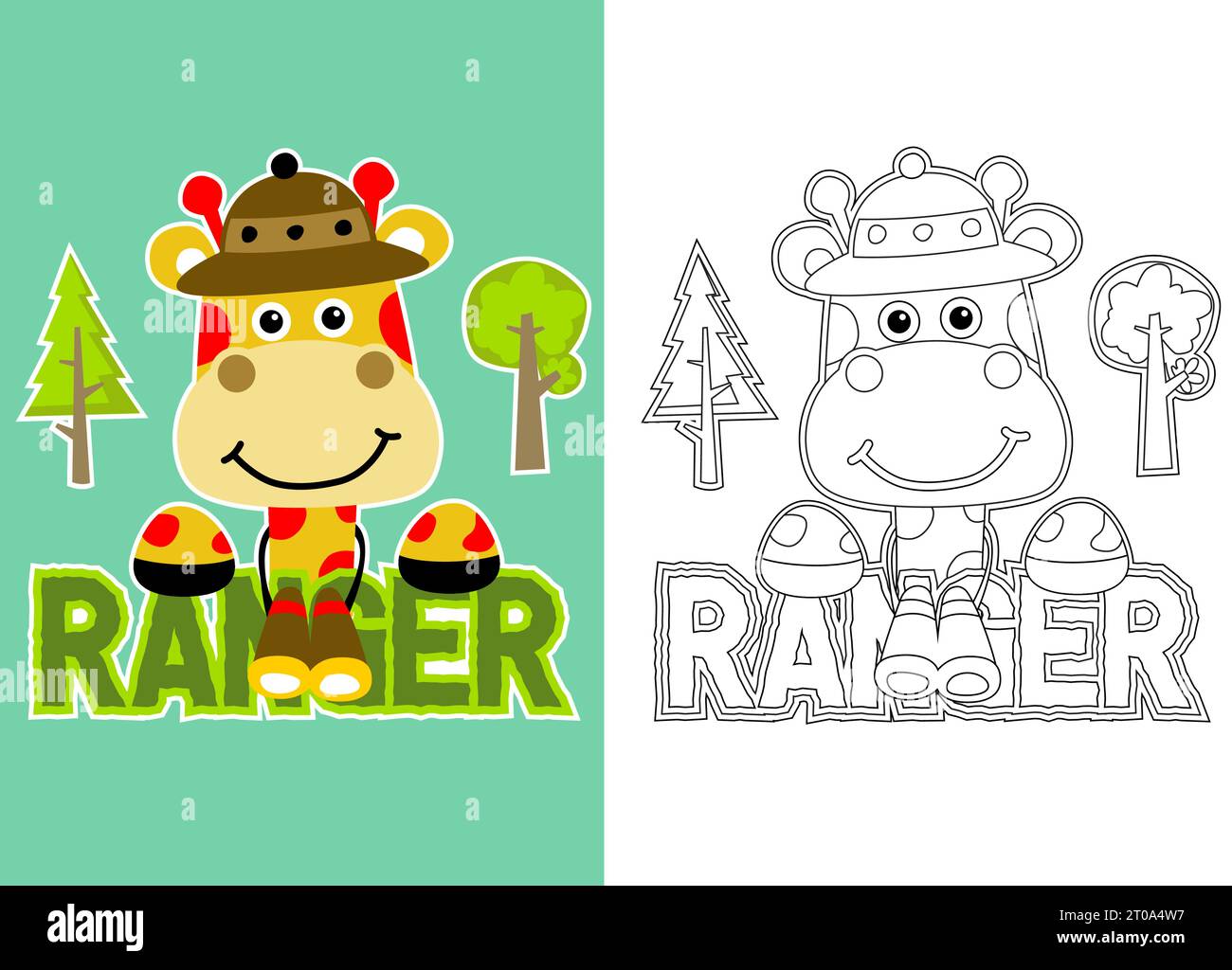 vector cartoon of cute giraffe the ranger, coloring book or page Stock ...
