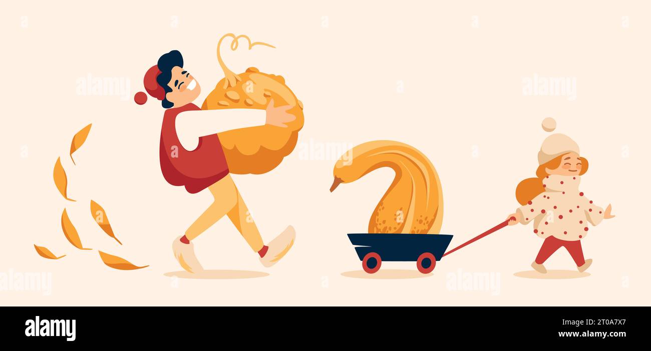 Autumn Vector Happy Boy and Girl Carry Pumpkins Stock Vector Image ...