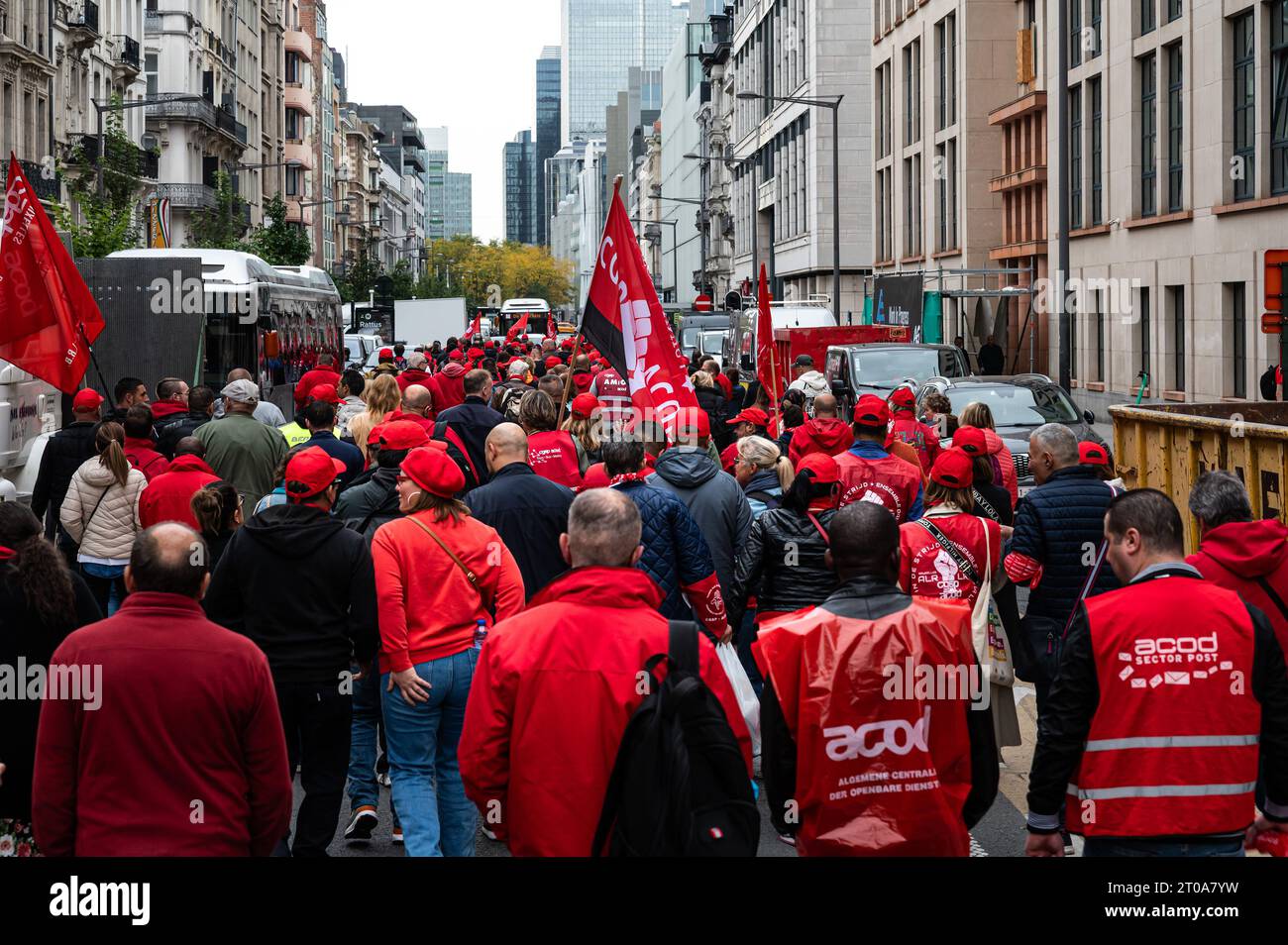Brussels, Belgium, October 5, 2023 - Protestation march of the unions ...