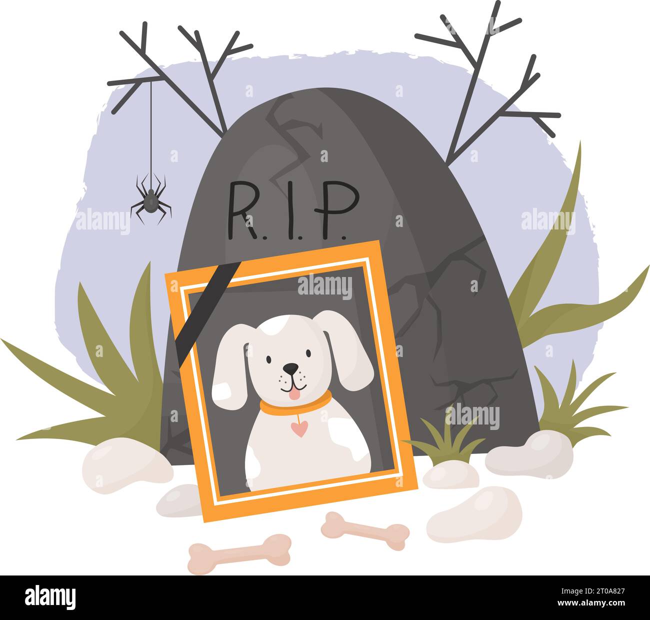 Photograph of dead dog. Cemetery and grave with spider, stones with ...