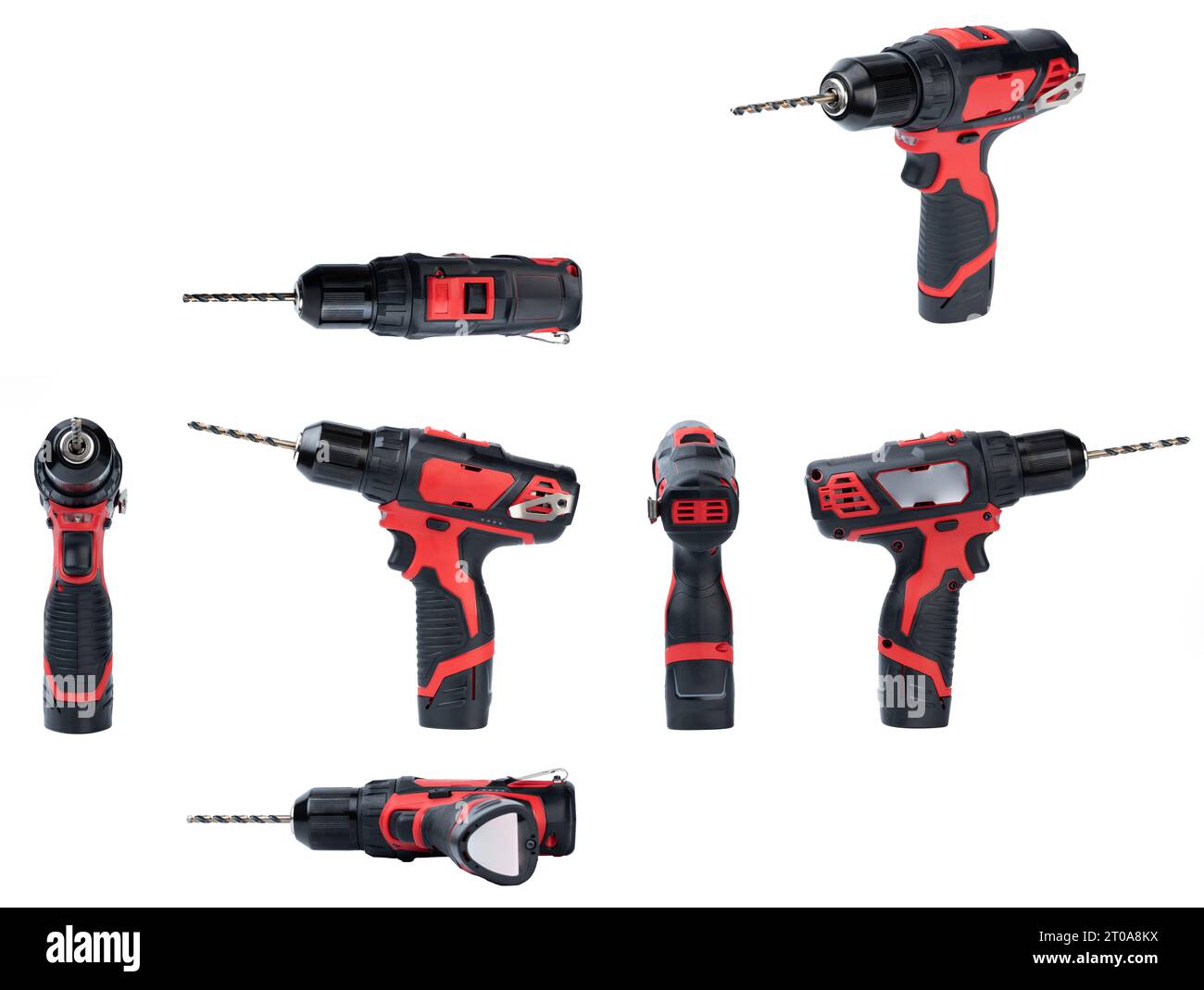 Different views of electrical drill isolated on white studio background ...