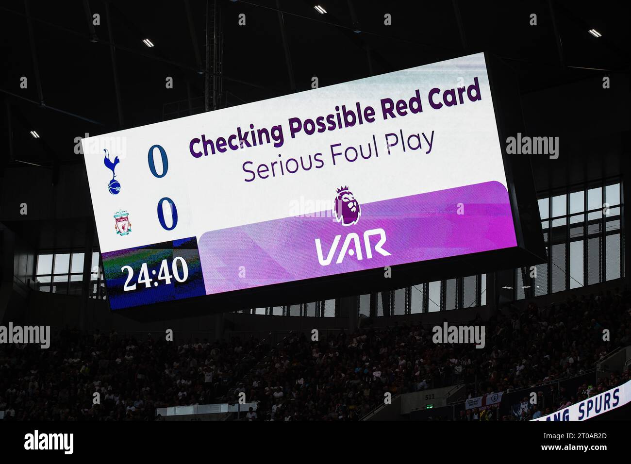 LONDON, UK - 30th Sep 2023: Stadium screen shows a VAR check for a foul ...