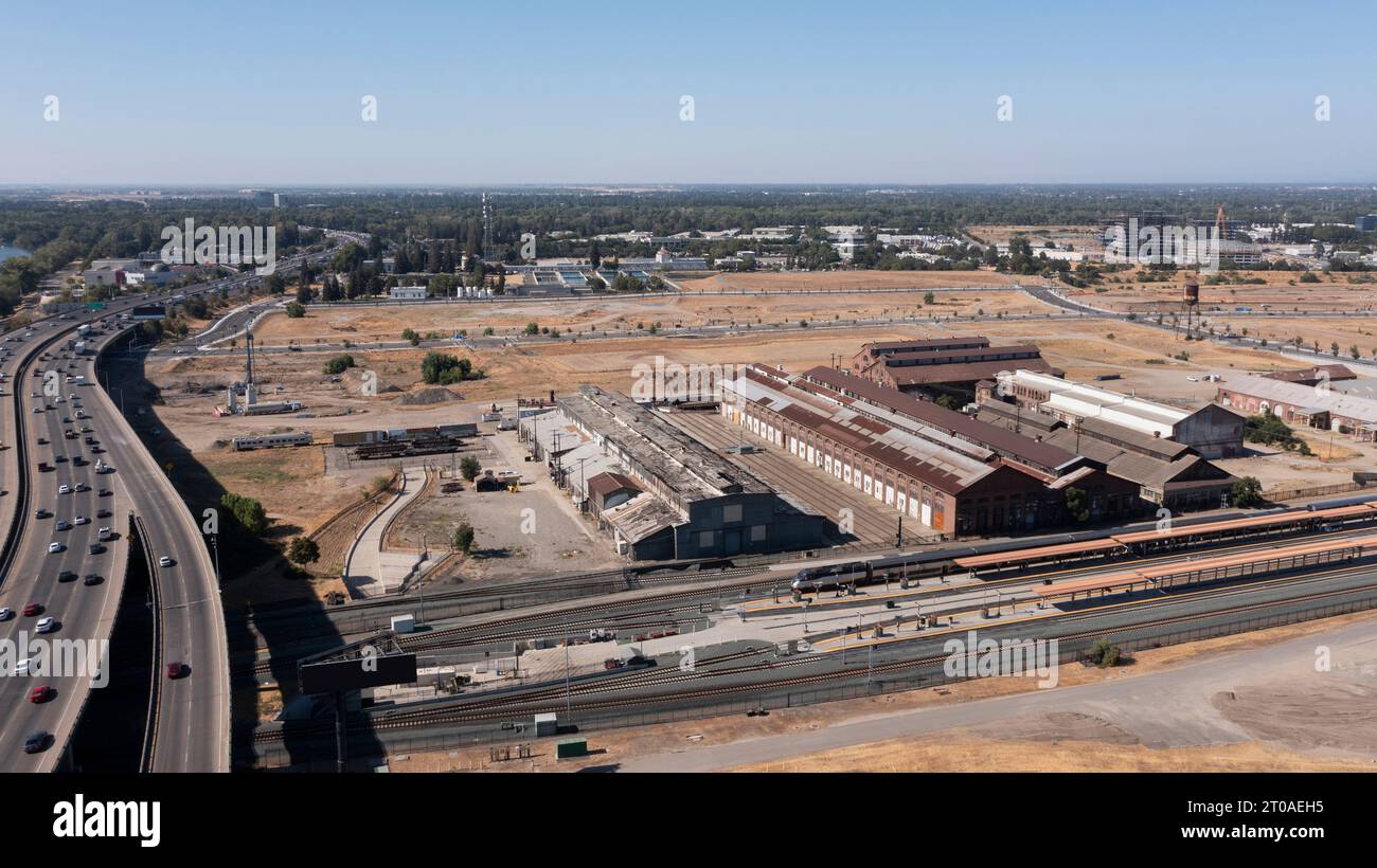 Afternoon aerial view of the historic train rail yards of Sacramento ...