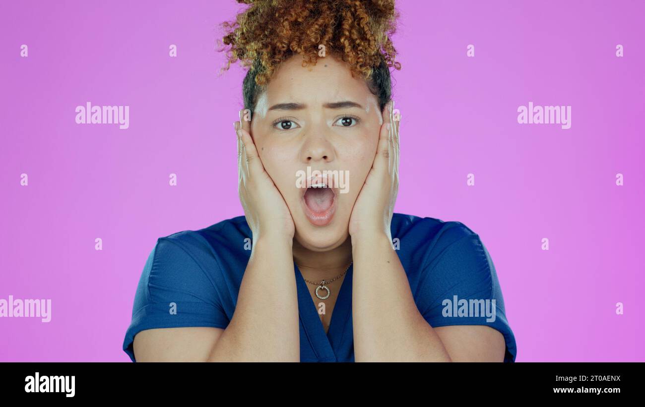 Wow, surprise and portrait of woman with fear, worried and scared ...