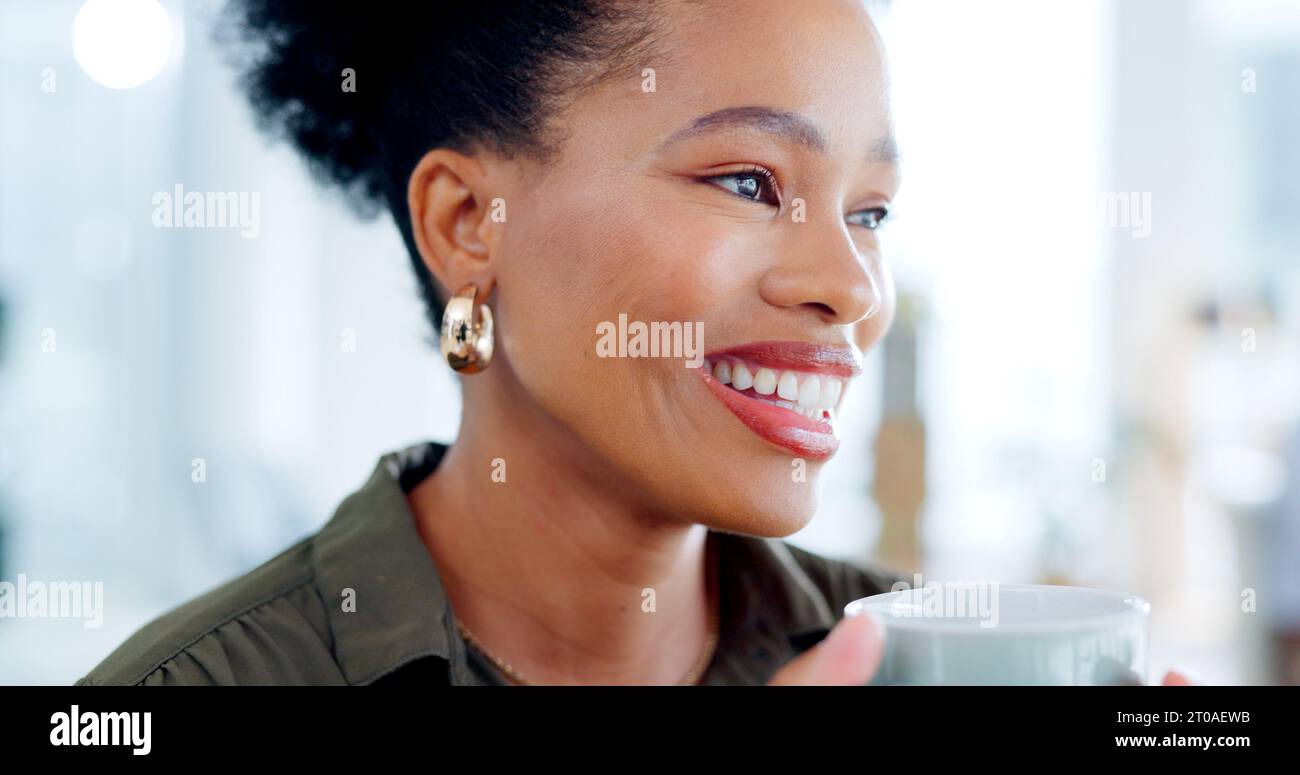 African woman, coffee and vision in office with smile, thinking and ...