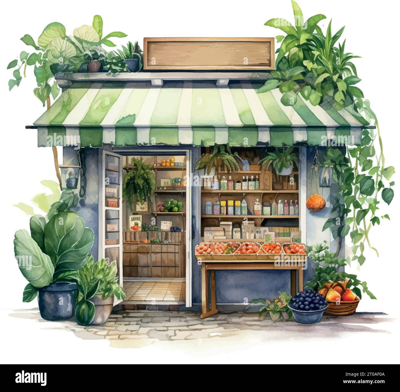 Organic green shop watercolor in cartoon style on white background ...
