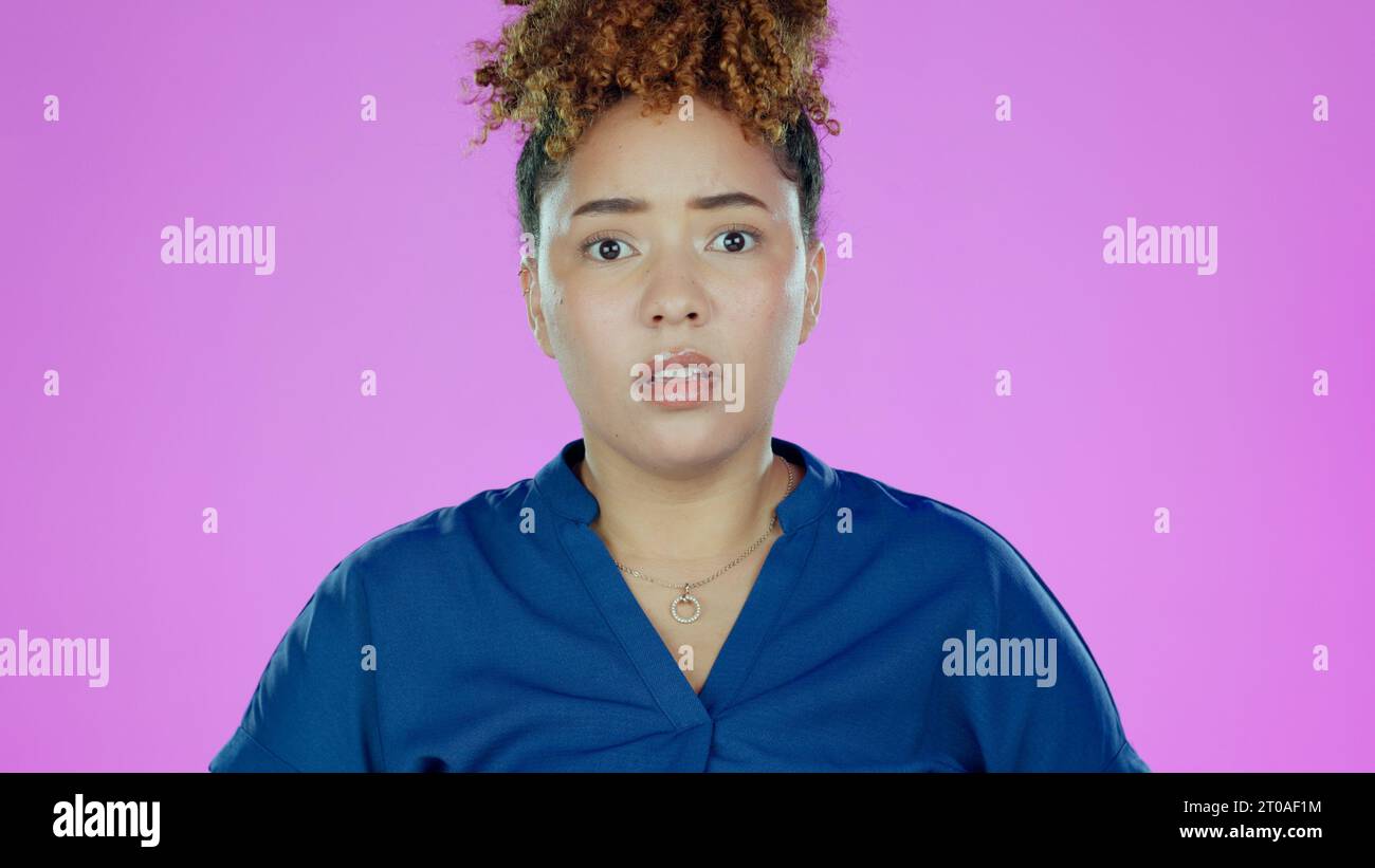 Shocked, surprise and portrait of woman with fear, worried and scared ...