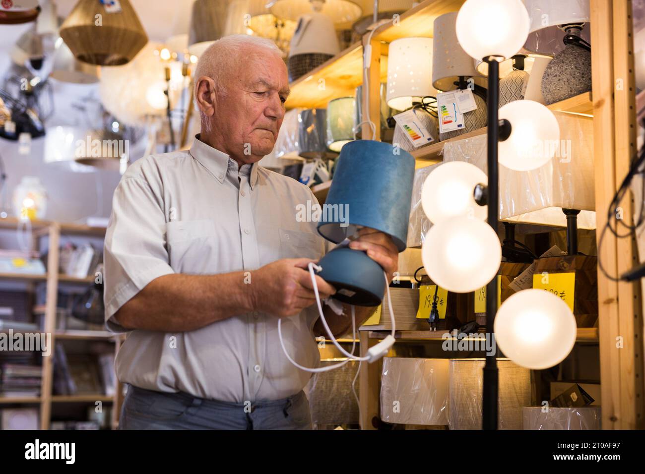 Ordinary mature male customer is choosing new table lamp for her home ...