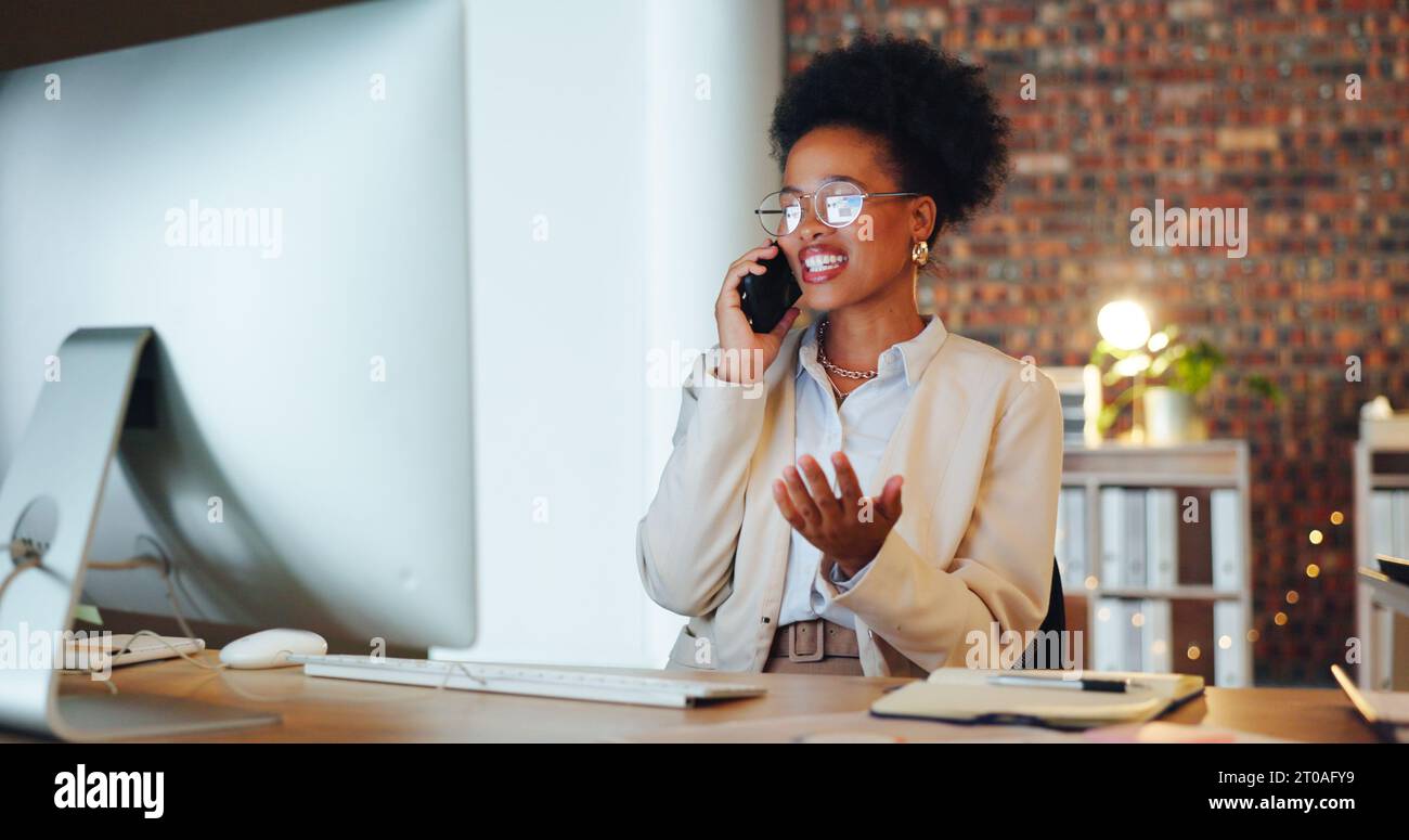 Phone call, office and business woman at night working on project ...