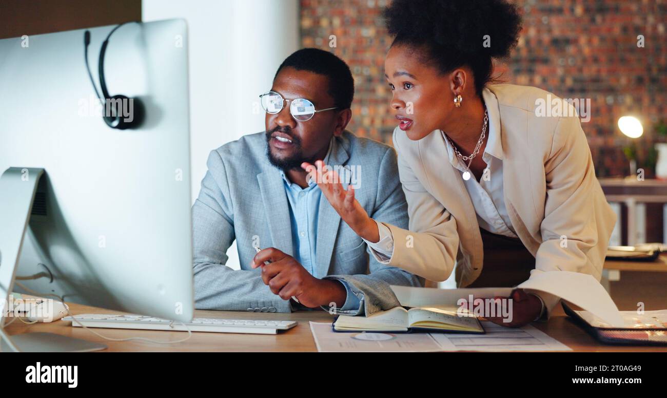 Collaboration, confused and a mentor with an employee in the office at ...