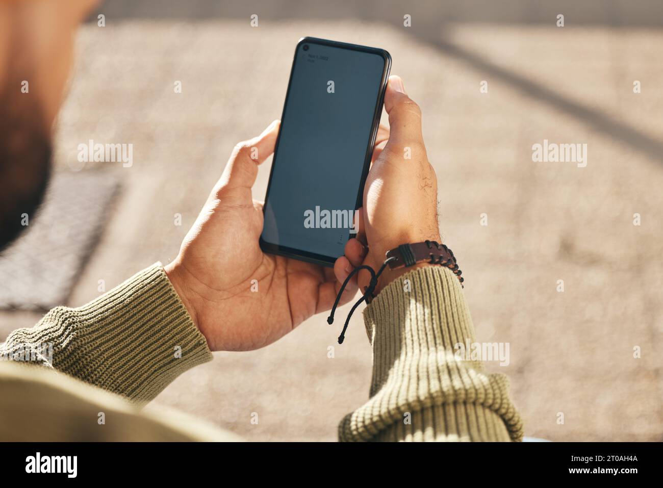 Phone screen, hands and student for outdoor chat, networking and social ...