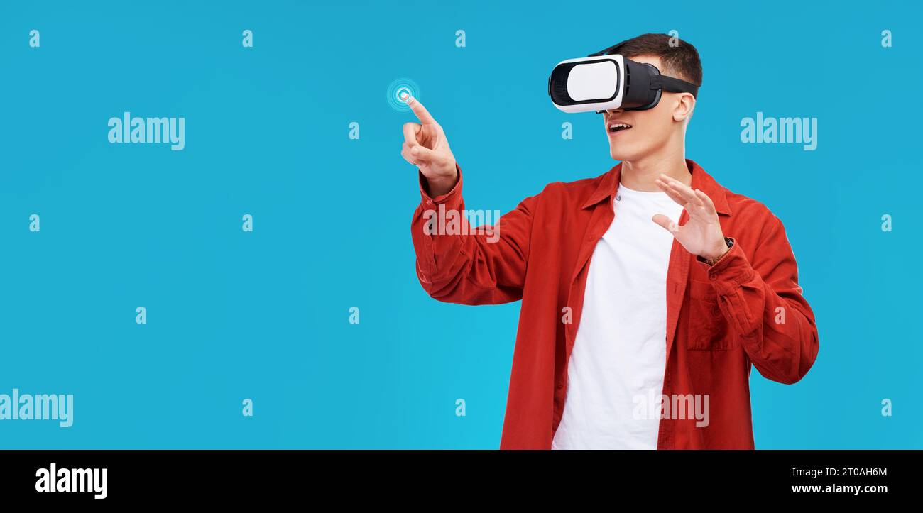 Man, press and VR or futuristic glasses for education, 3d software or ...