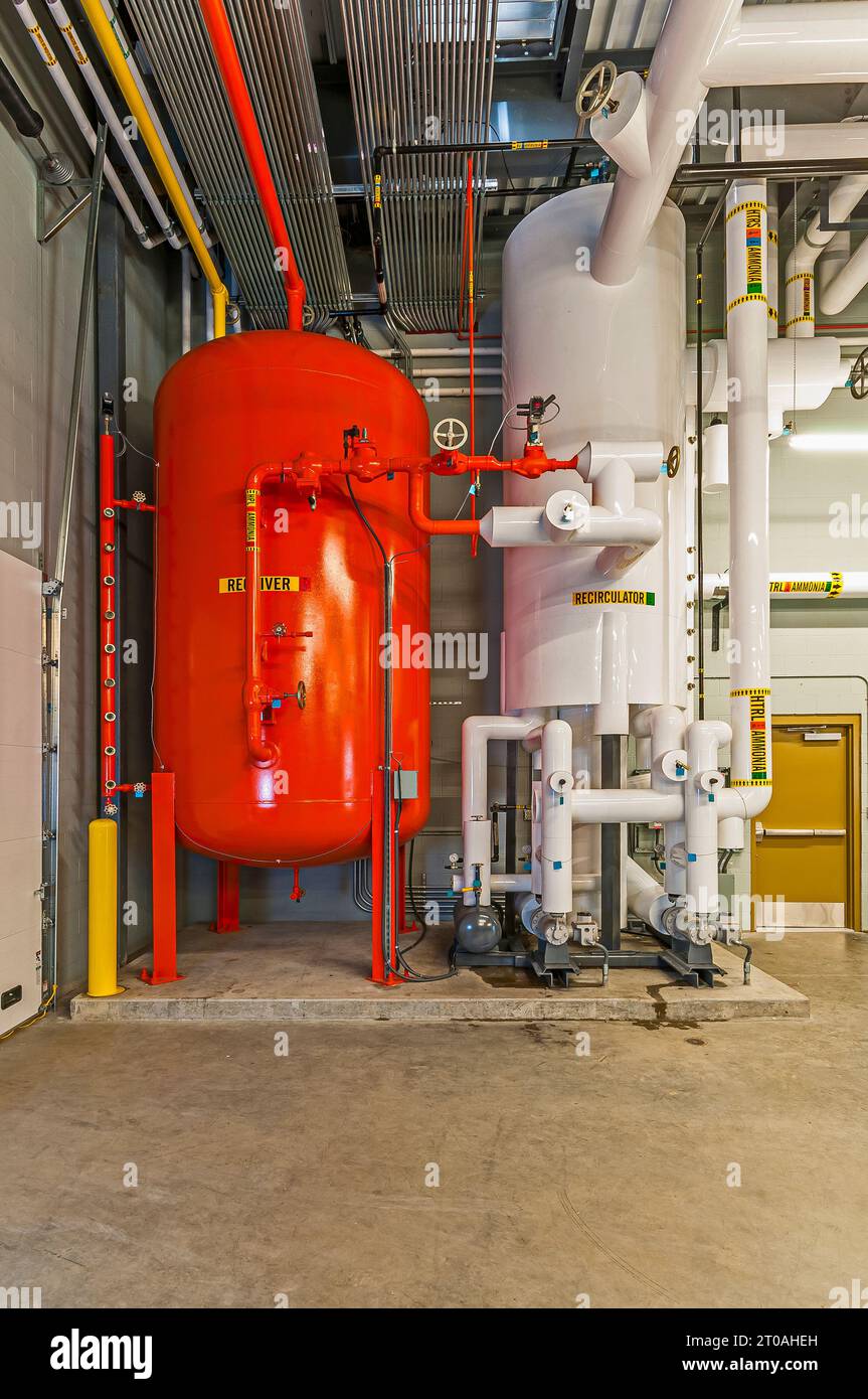 Vertical receiver tank, machinery, and piping in the ammonia-cycle ...