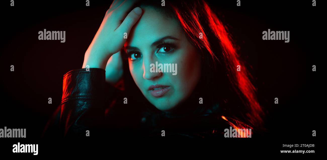 Stylish colorful neon portrait of a pretty woman Stock Photo - Alamy