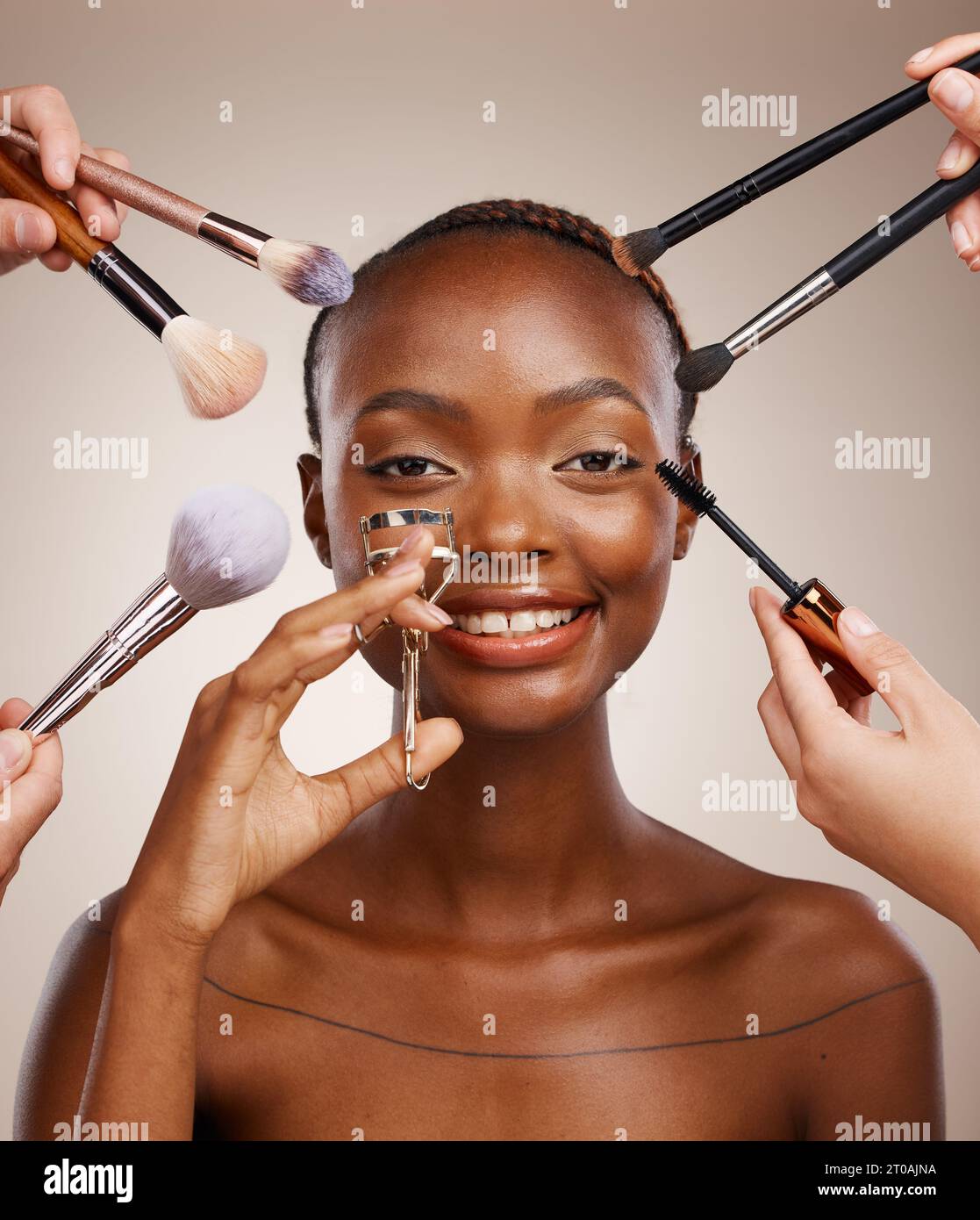 Tools, hands and portrait of black woman and makeup for getting ready ...