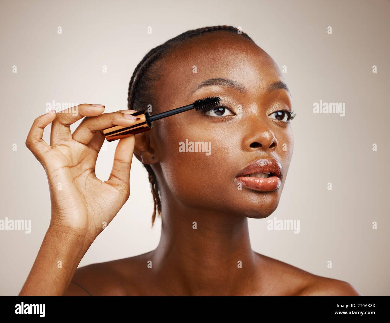 Mascara, black woman and makeup for beauty cosmetics, makeover and ...
