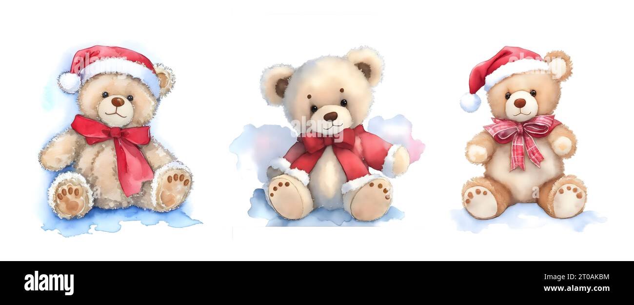 Christmas bears. Three cute New Year's Watercolor plush bears in Christmas decorations. Isolated ...