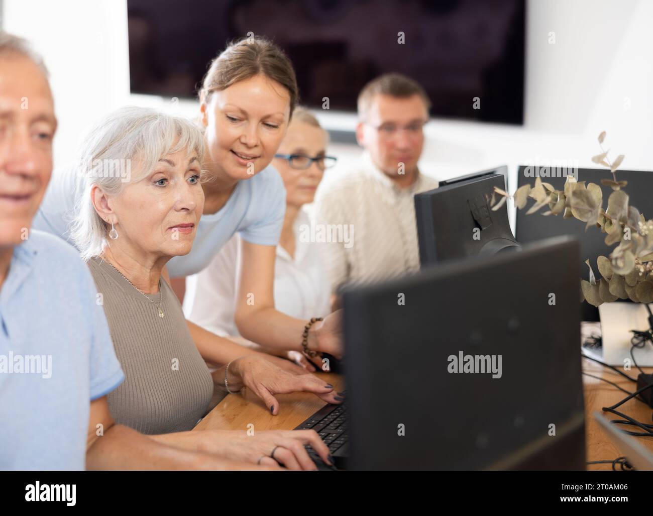 Senior lady attending computer class under guidance of young female ...