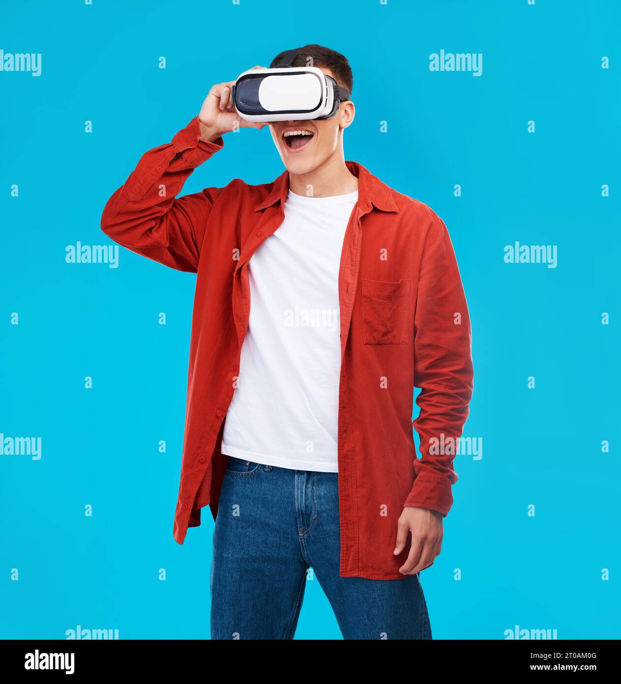 Man, wow and VR or futuristic glasses for gaming software, digital ...