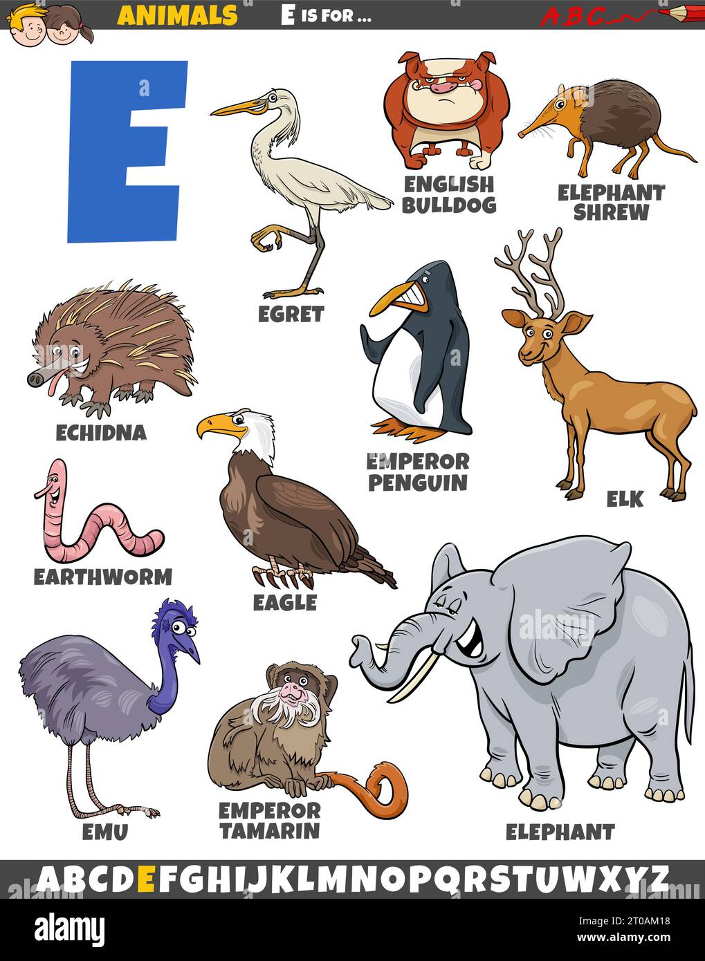 Cartoon illustration of animal characters set for letter E Stock Vector ...