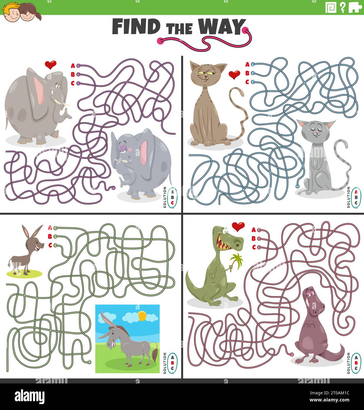 Cartoon illustration of find the way maze puzzle activities set with ...